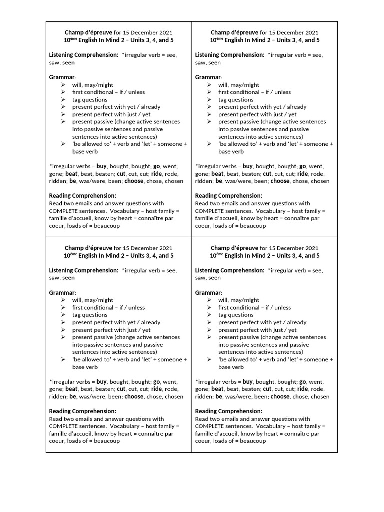 Champ d' Epreuve 10 EIM 2 Units 3, 4, and 5 | PDF | English Language | Semantic Units