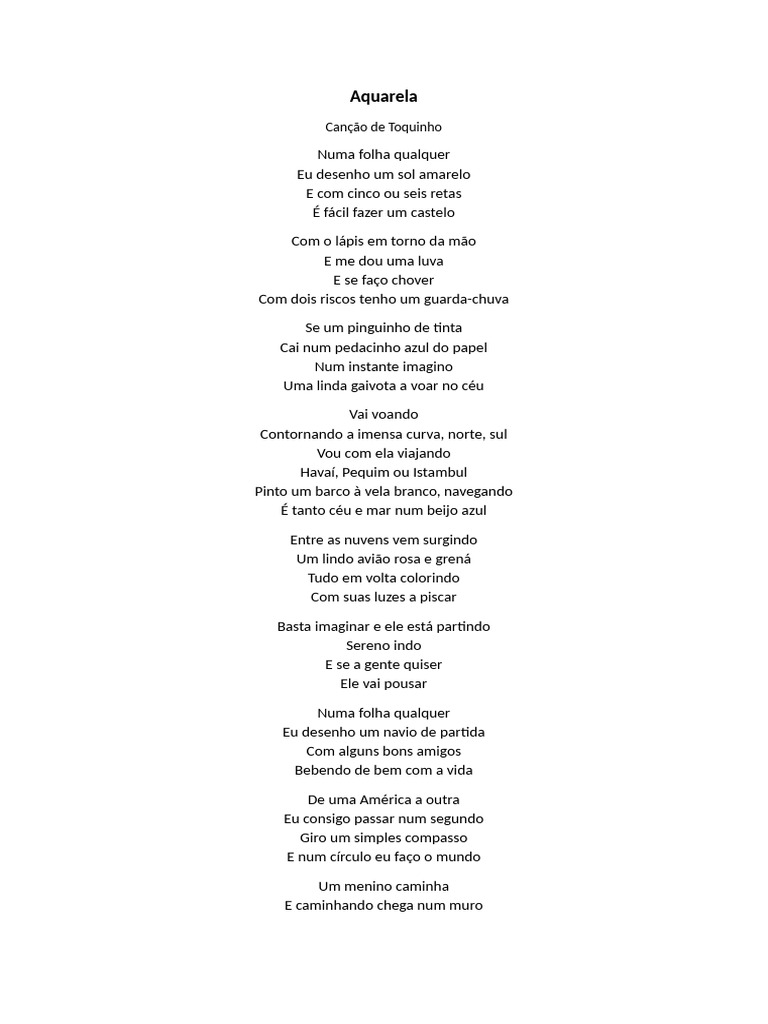 Letra da Música Aquarela - Toquinho | PDF