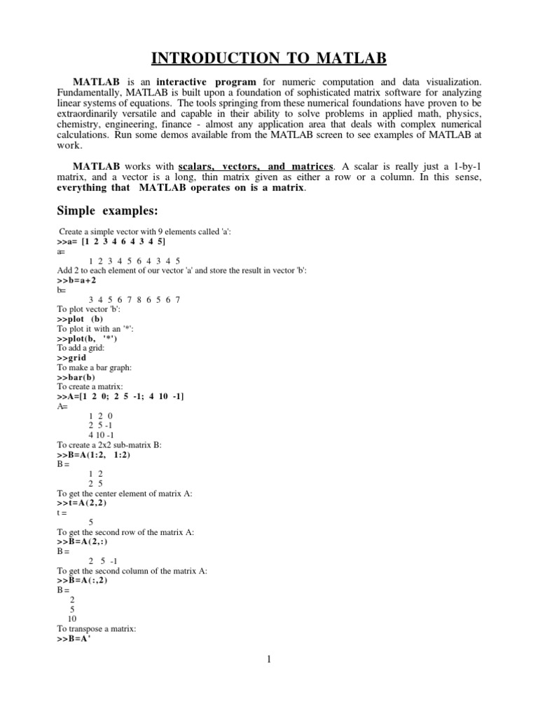 Introduction To Matlab: Simple Examples | PDF | Matlab | Matrix ...