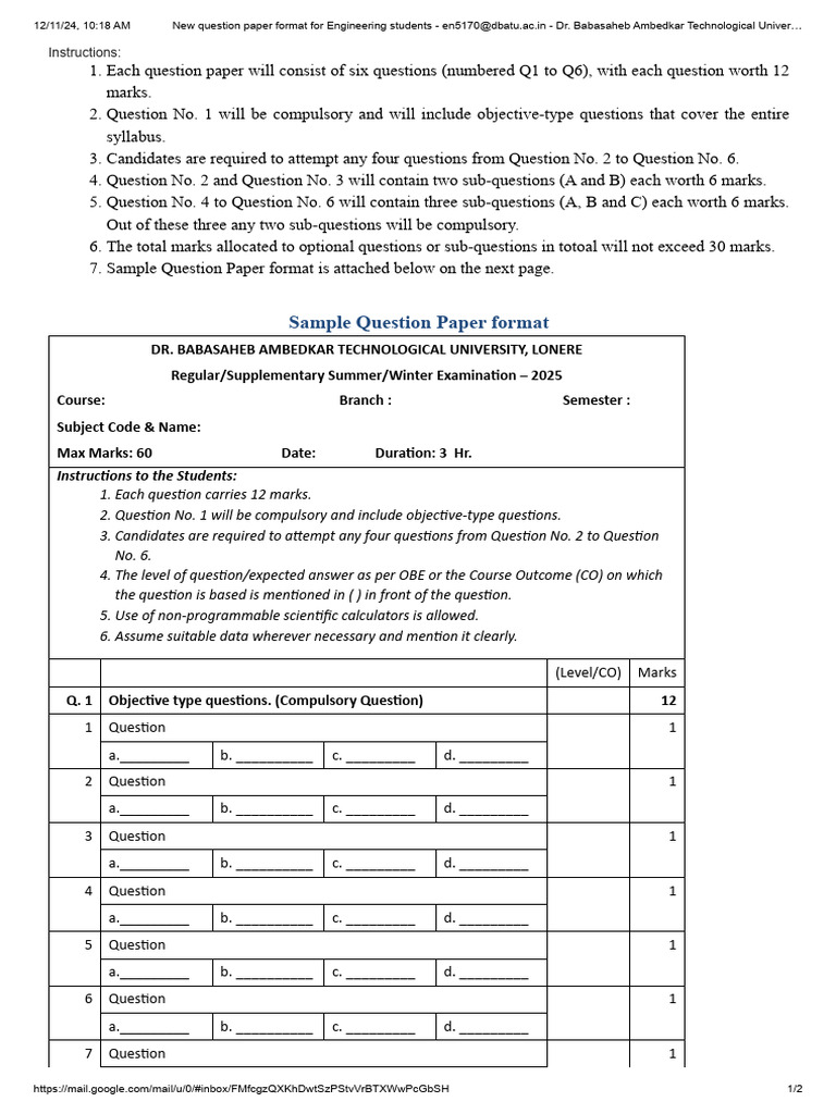DBATU Engineering Question Paper Format | PDF