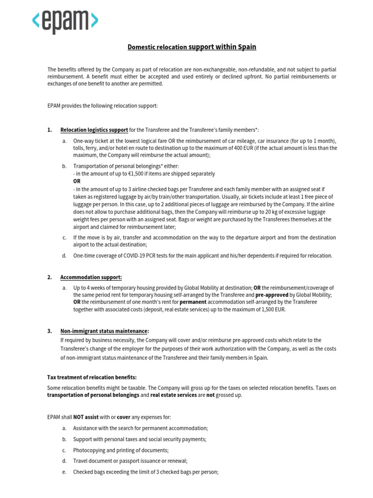 Domestic Relocation Support - One Pager ESP | PDF | Baggage | Fee