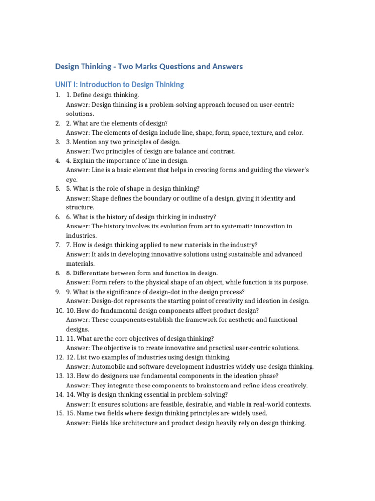 Design Thinking 2 Marks Questions Revised | PDF | Design Thinking ...