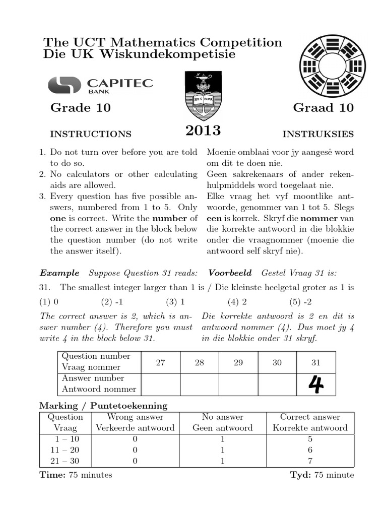 UCT Mathematics Competition 2013 Grade 10 | PDF