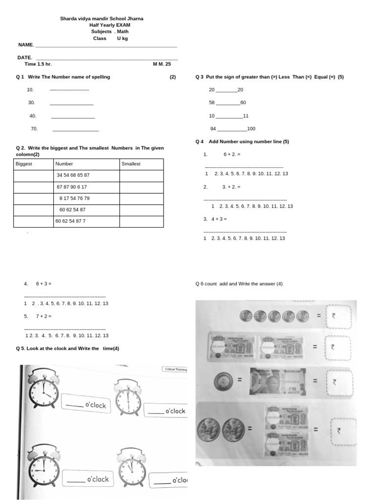 Class UKG. Math | PDF