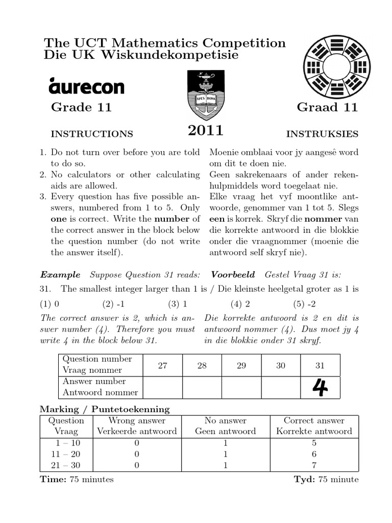 UCT Mathematics Competition 2011 Grade 11 | PDF | Elementary Geometry ...