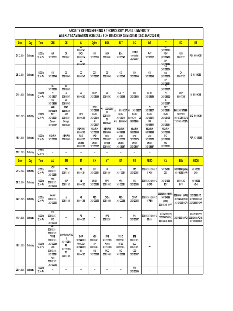 Btech 6th Sem Weekly Exam Time Table 2024-25 | PDF