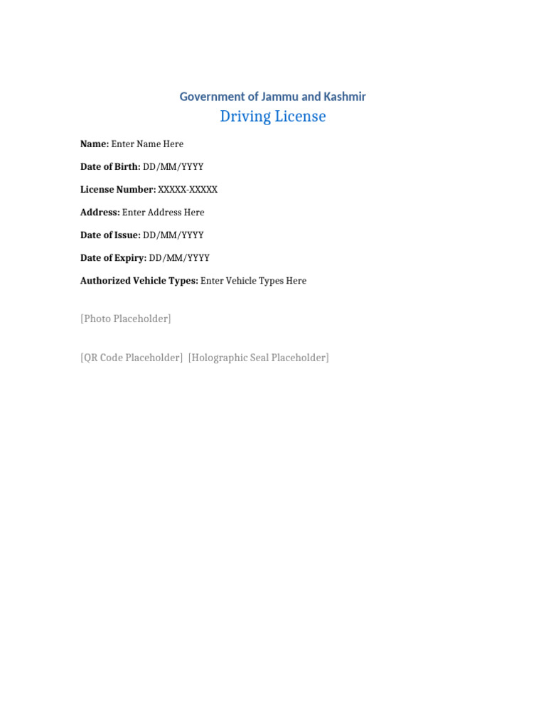 Jammu & Kashmir Driving License Template | PDF