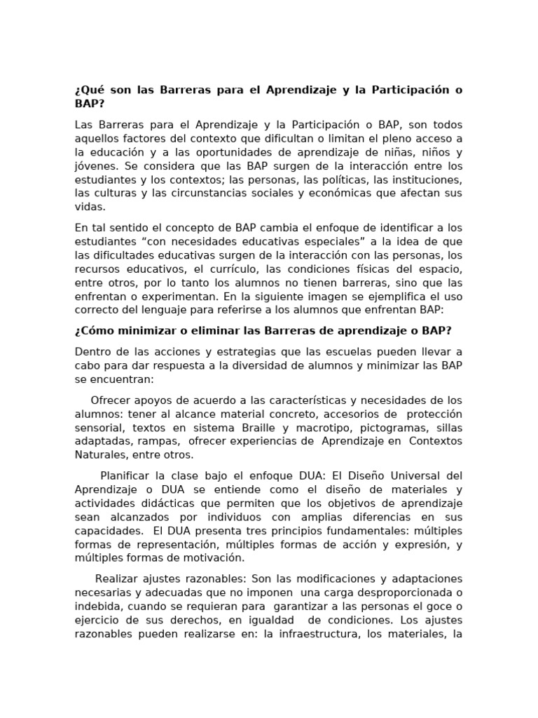 ¿Qué Son Las Barreras para El Aprendizaje y La Participación o Bap? | PDF | Aprendizaje | Plan ...
