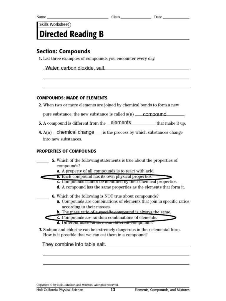 Directed Reading B: Section: Compounds | PDF | Chemical Compounds ...