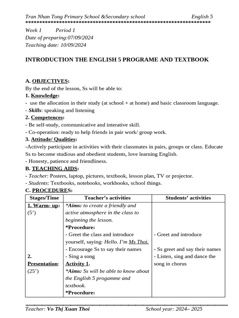 E5 WEEK 1 MH | PDF | Teachers | Lesson Plan