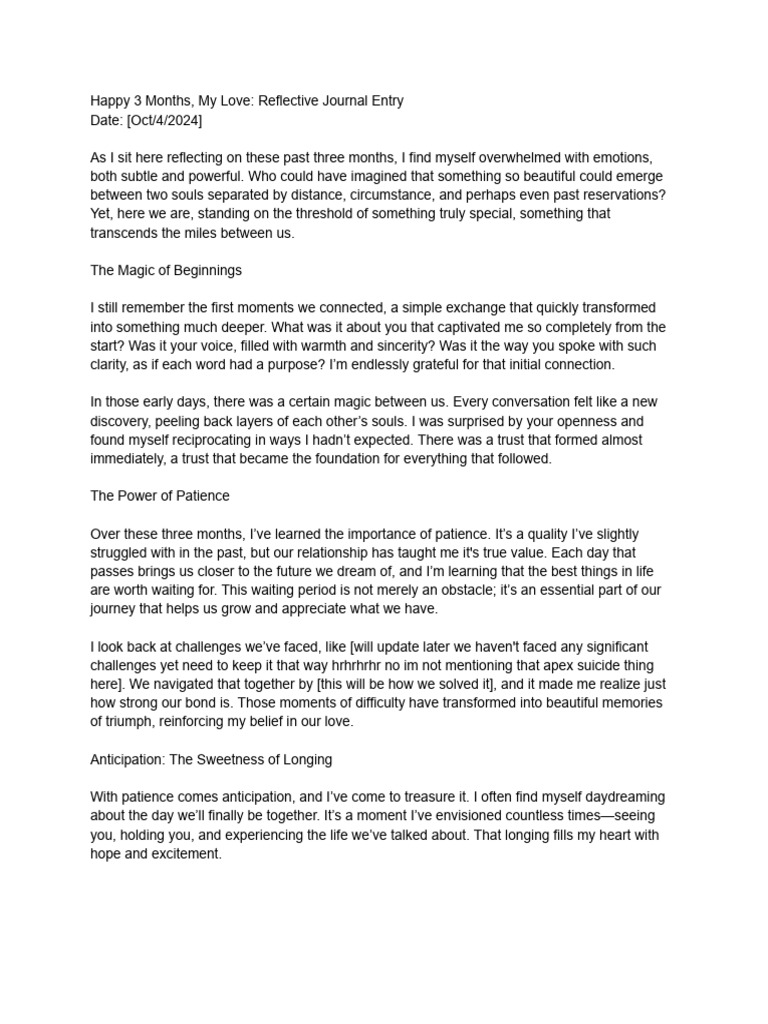 Happy 3 Months, My Love - Reflective Journal Entry | PDF | Feeling | Love