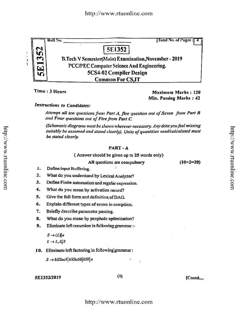Btech Cs It 5 Sem Compiler Design 5e1352 Nov 2019 | PDF