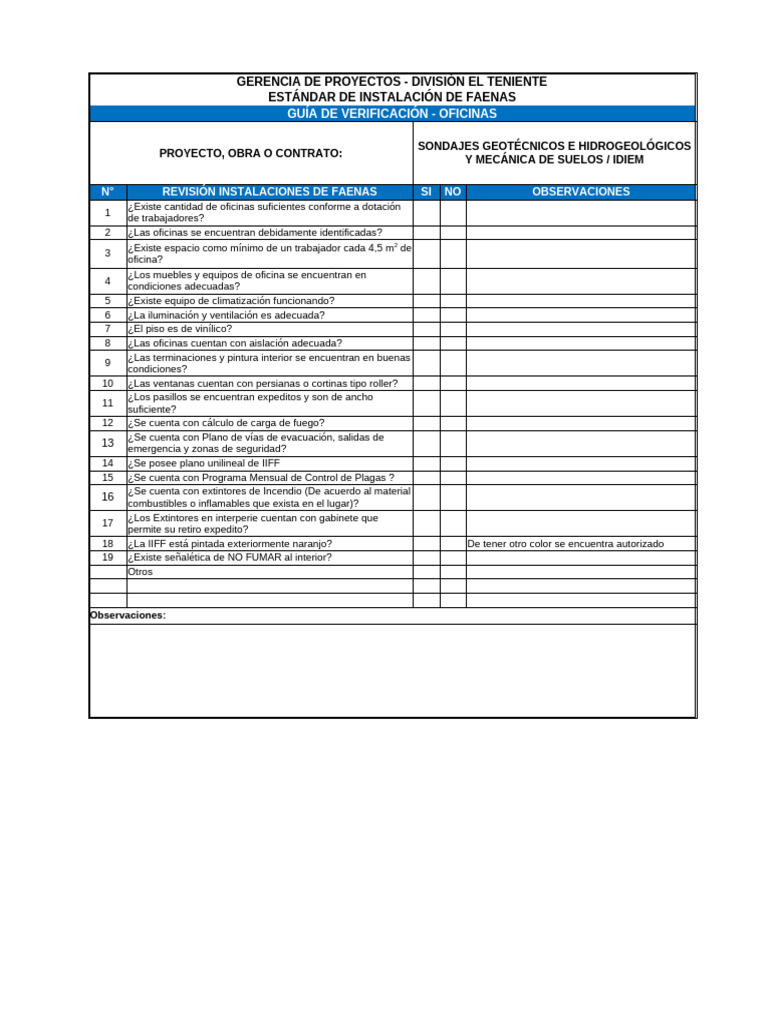 03 Check List - Estándar de Instalación Faenas Check List Cliente ...