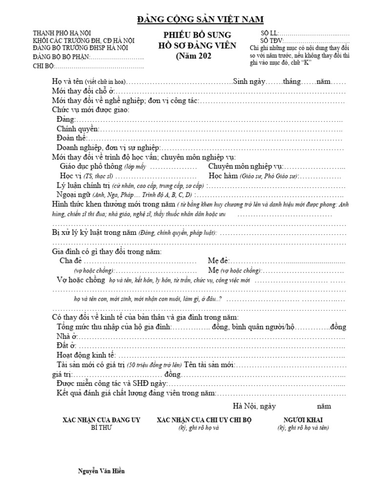 9. Mẫu Phieu Bo Sung Ho So Dang Vien Nam 2024 | PDF
