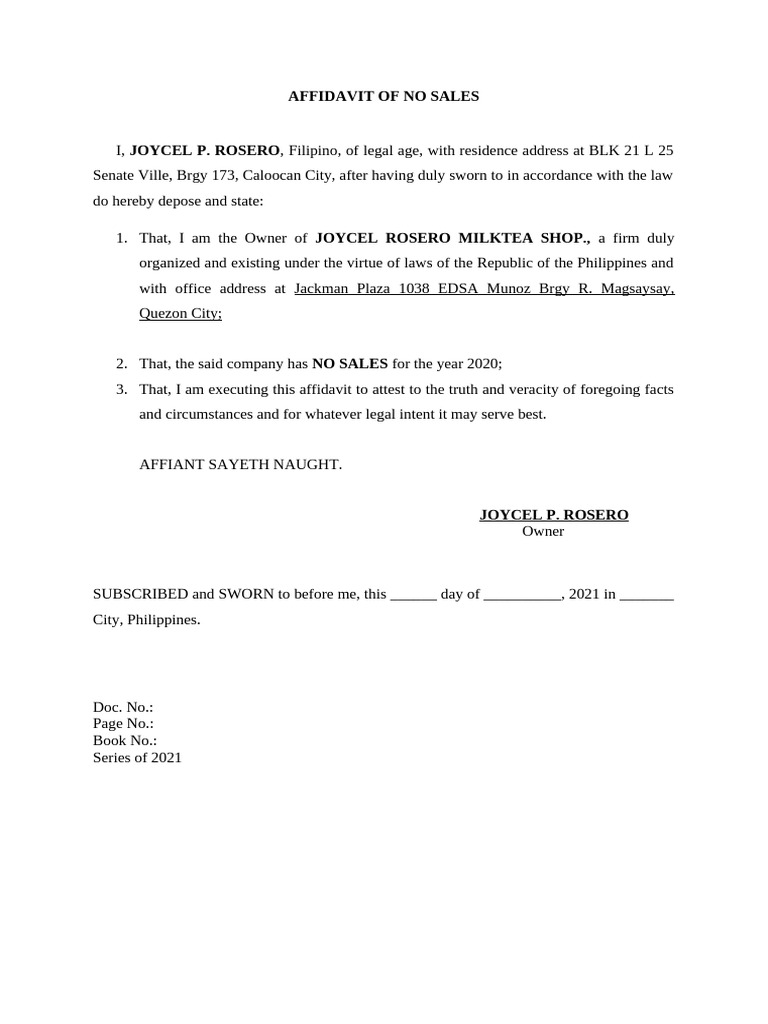 Affidavit of No Sales for 2020 | PDF