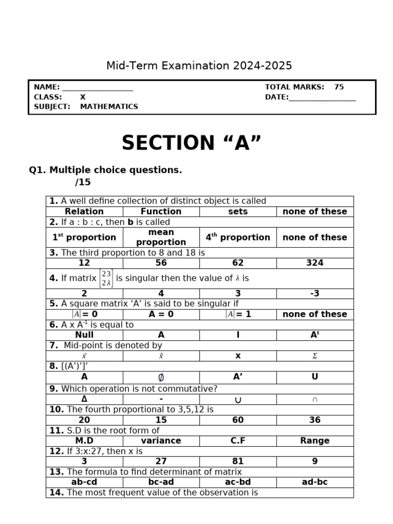 X Math Preliminary Paper 24 | PDF | Matrix (Mathematics) | Variance
