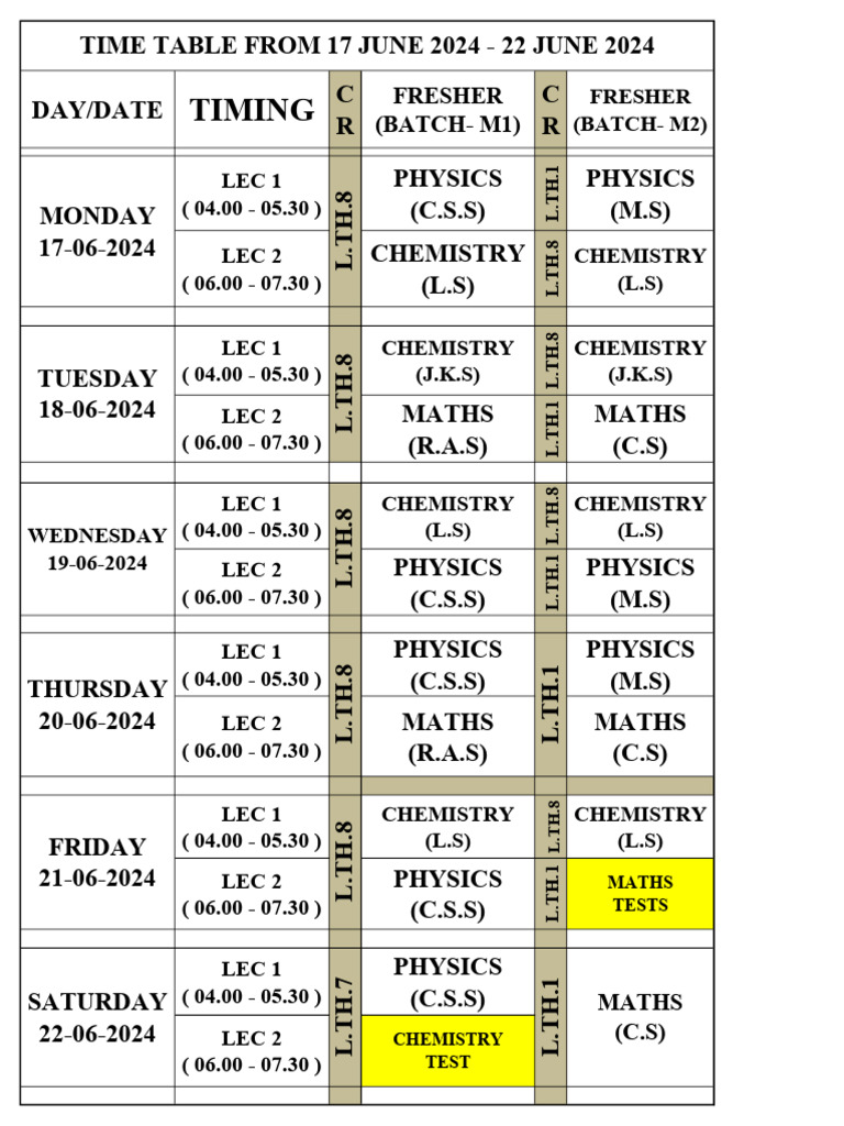 FR M1 & M2 Batch Timwe Table | PDF