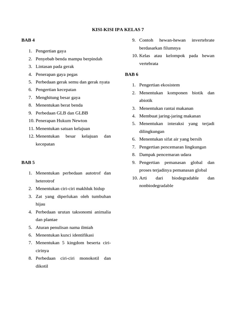 Kisi-Kisi Pas Ipa Kelas 7 | PDF