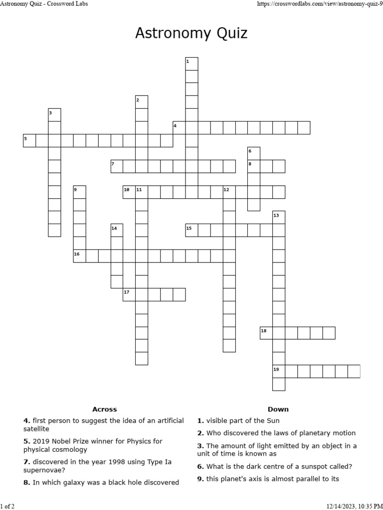 Astronomy Crossword Quiz Challenge | PDF | Astronomy | Sun