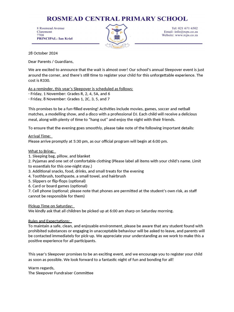 Sleepover Letter 2024 | PDF