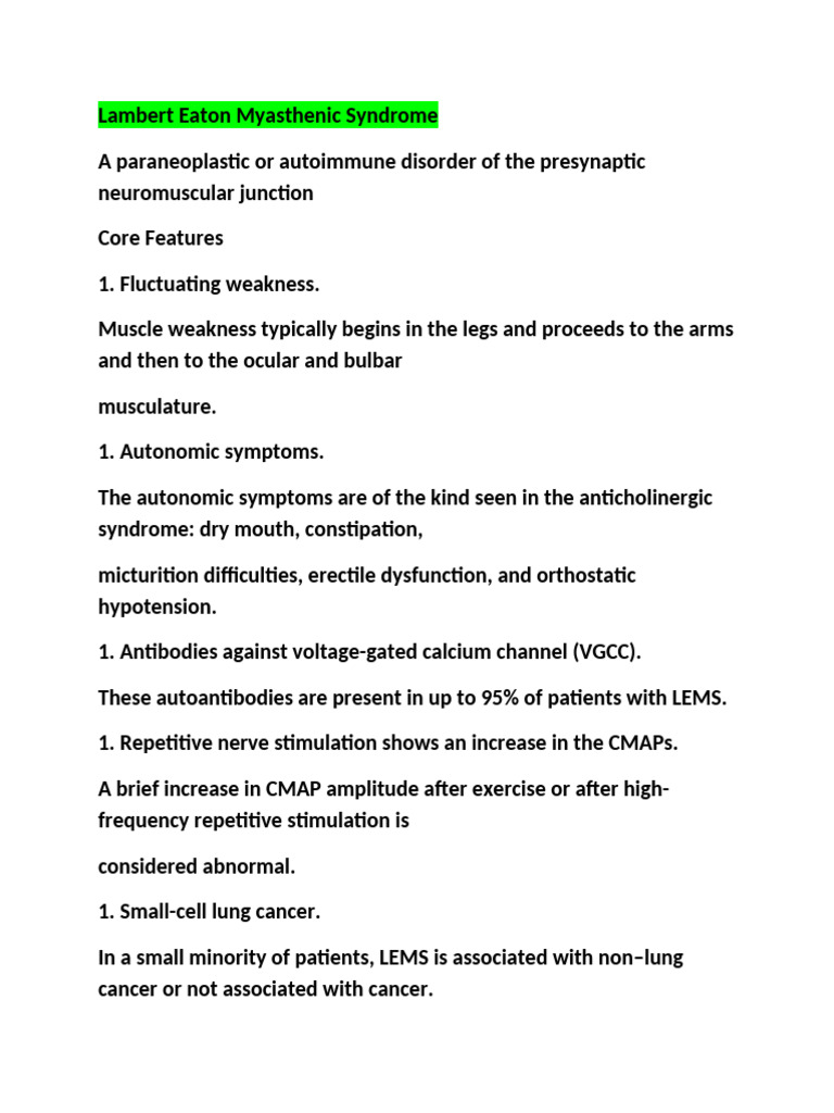Lambert Eaton Myasthenic Syndrome | PDF | Neuromuscular Junction | Diseases And Disorders