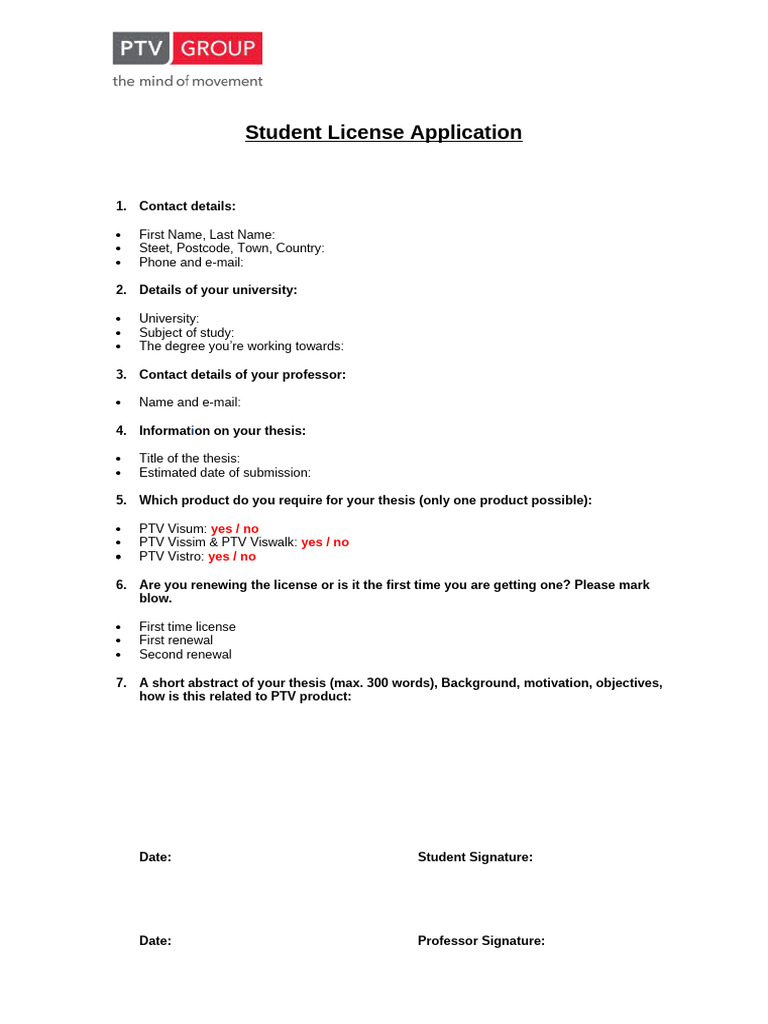 PTV - Student Application | PDF
