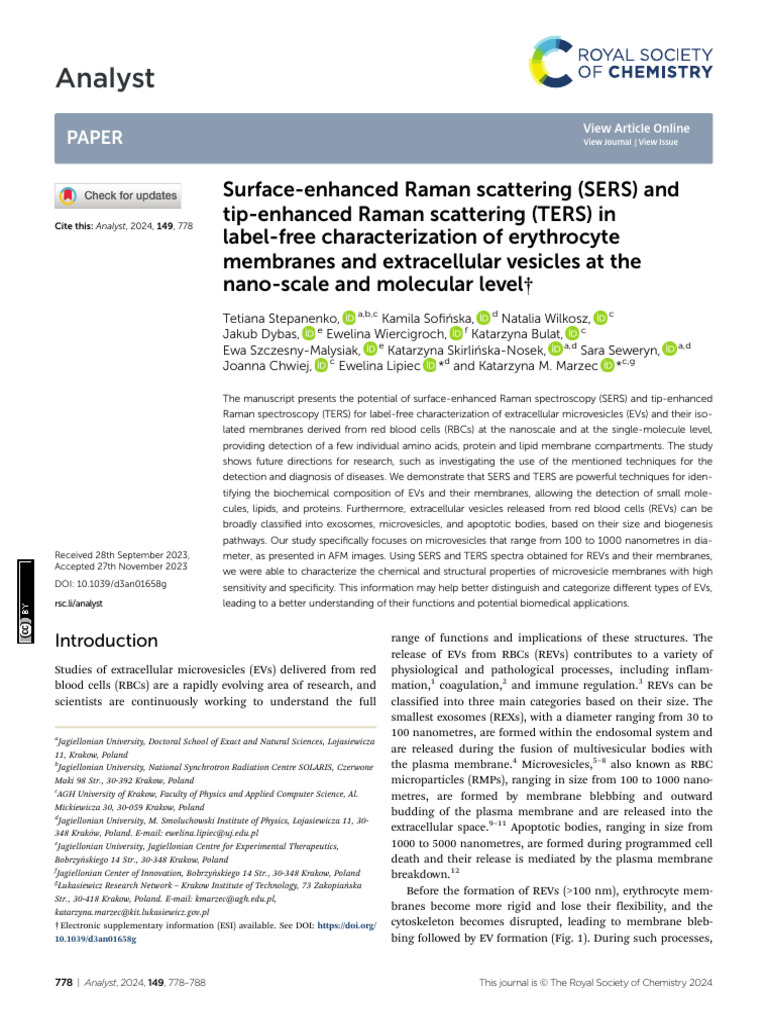 SERS raman(1) | PDF | Cell Membrane | Red Blood Cell