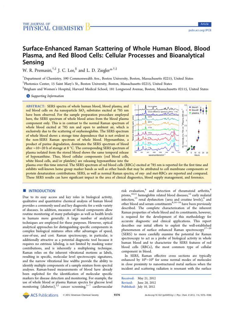 SERS, Red blood cells | PDF | Raman Spectroscopy | Atomic Physics