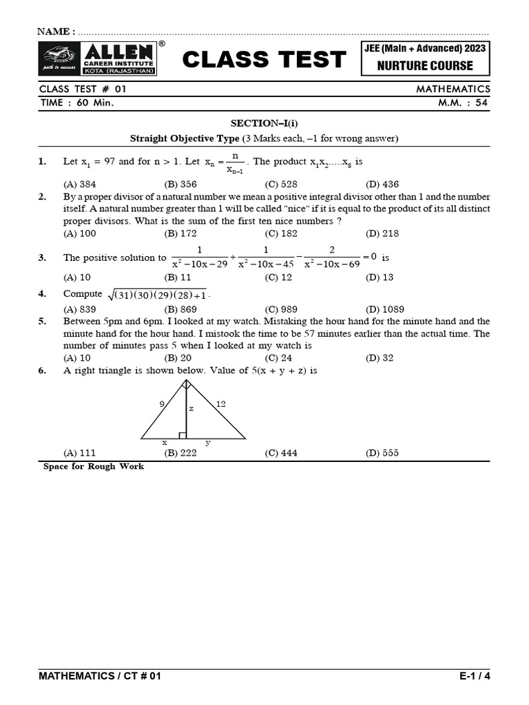 1 Class Test (N-TOPS, TNPS) Student | PDF | Circle | Area