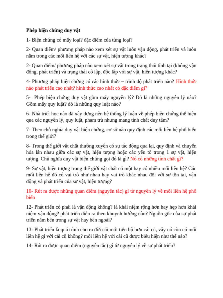 Câu hỏi phép biện chứng duy vật - Triết K66 | PDF