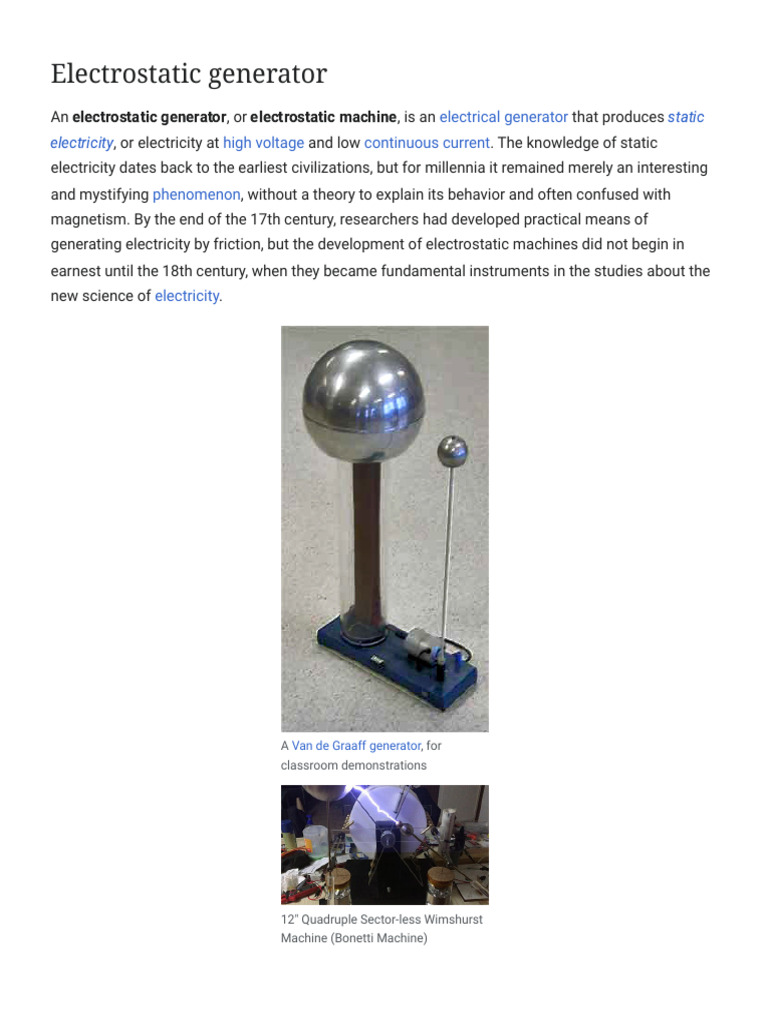 Electrostatic Generator - Wikipedia | PDF | Electricity | Electrical ...