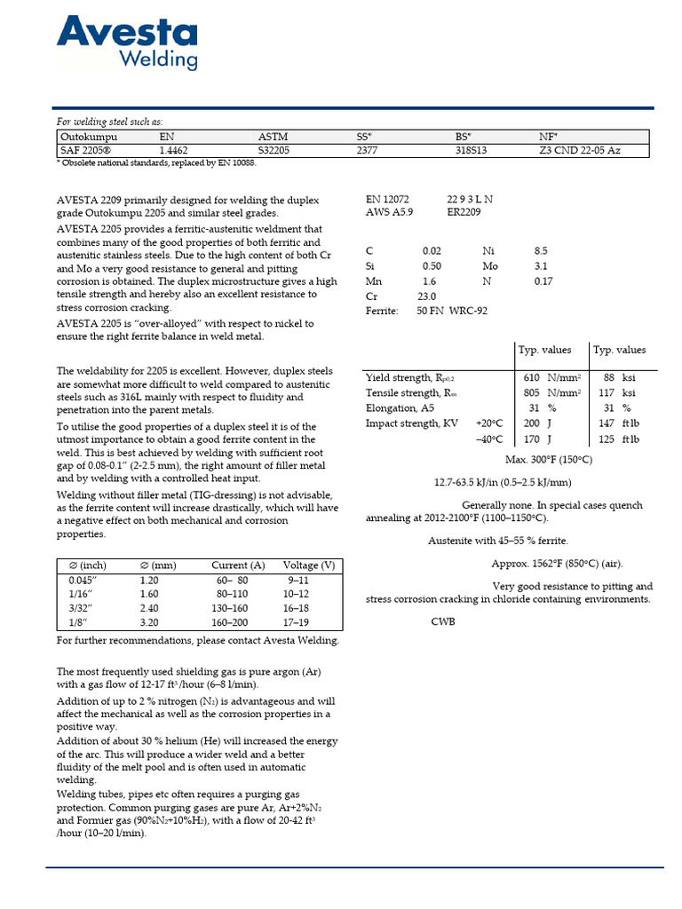 Avesta 2209 Welding Wire Overview | PDF | Welding | Construction