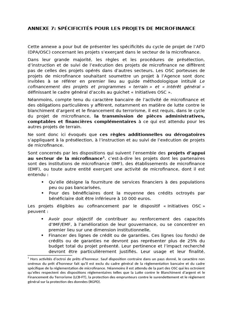 Spécificités des Projets de Microfinance | PDF | Blanchiment d'argent ...