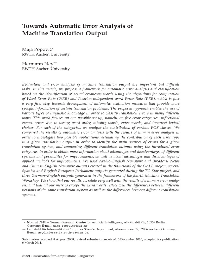 Popović, Maja + Hermann Ney (2011) - Towards Automatic Error Analysis of Machine Translation ...