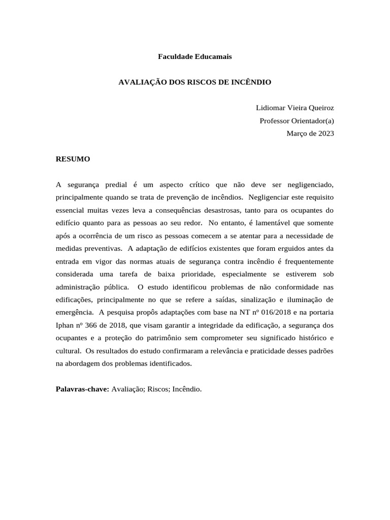 AVALIAÇÃO DOS RISCOS DE INCÊNDIO | PDF | Calor | Incêndios