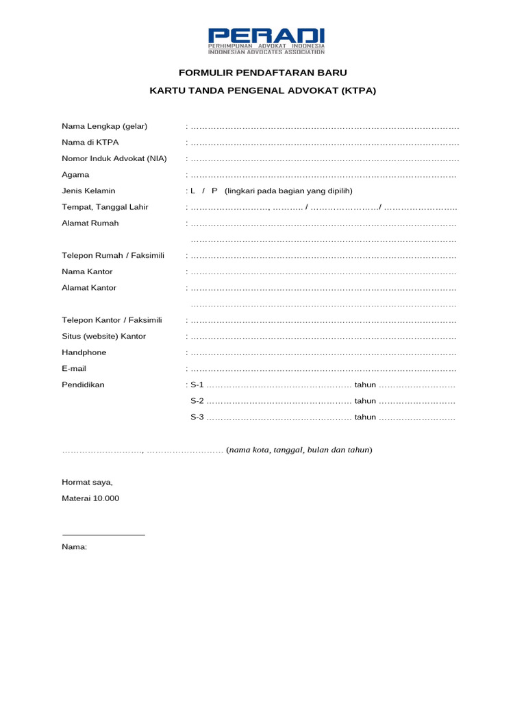 Formulir Pendaftaran KTPA Advokat Baru | PDF