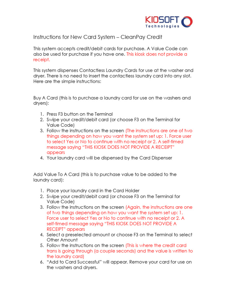 KioSoft Instructions For New Card System CP Credit | PDF