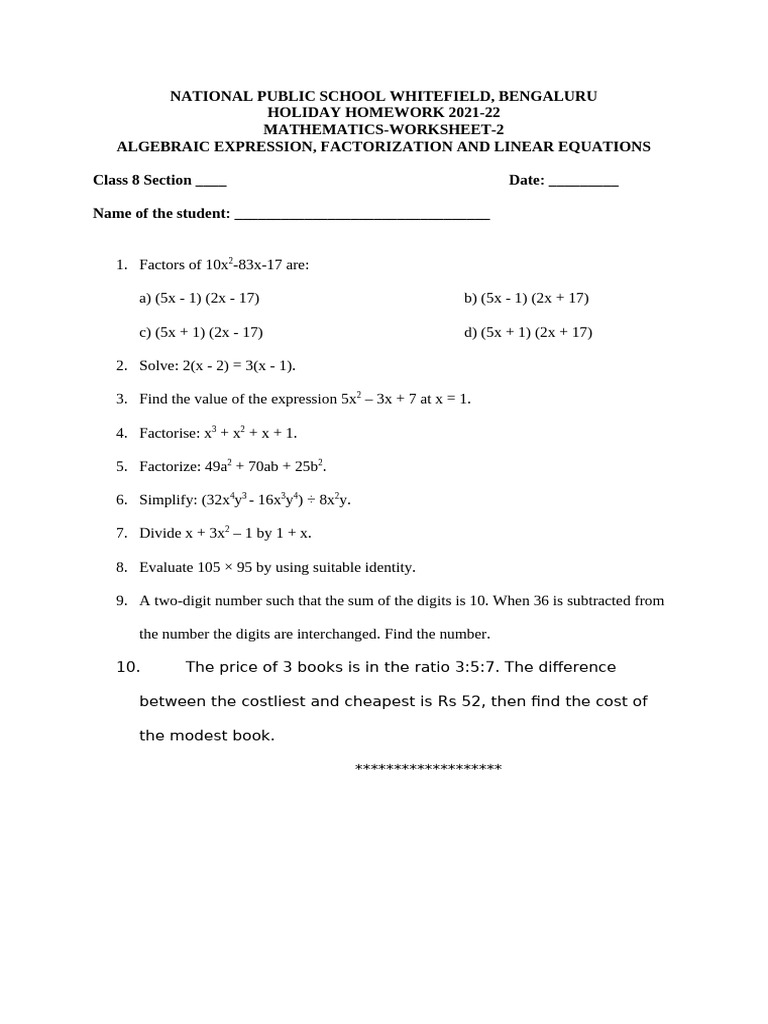 CL8 HHW MATH Worksheet2 | PDF