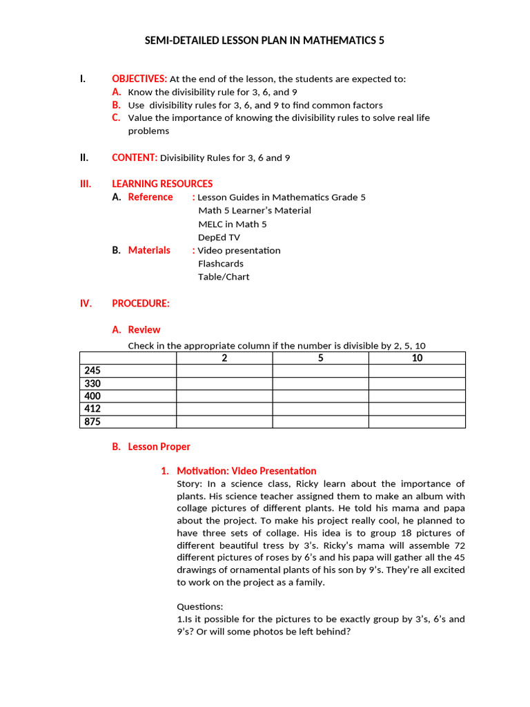 Lesson Plan in Math Week 1 3, 6, 9 | PDF | Lesson Plan | Mathematics