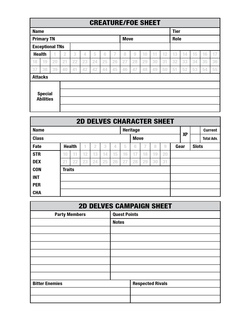 2D Delves Creature and Character Sheets | PDF