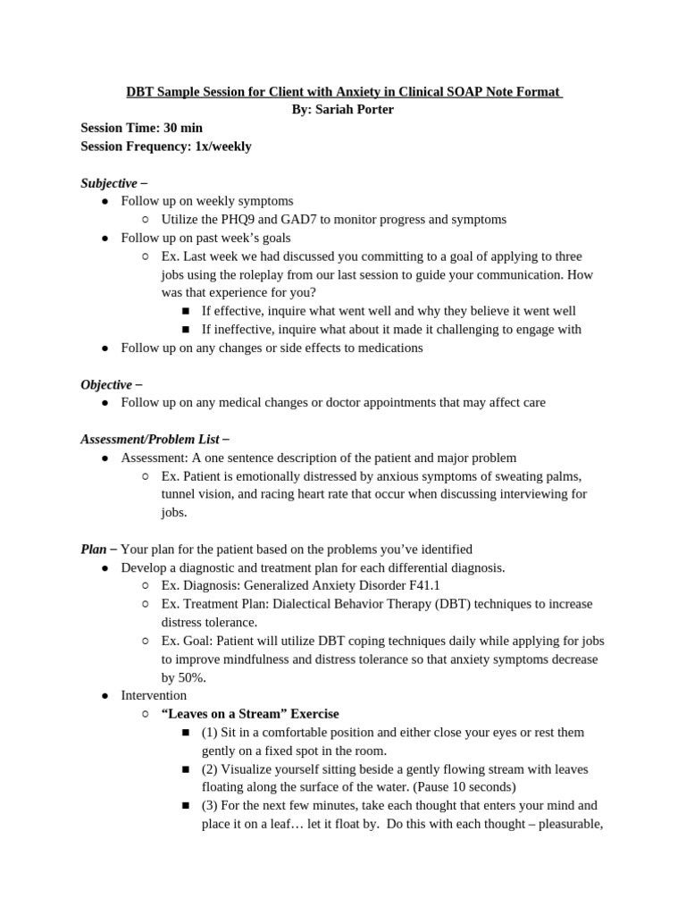 DBT Sample Session For Anxiety - Clinical SOAP Note Format | PDF ...