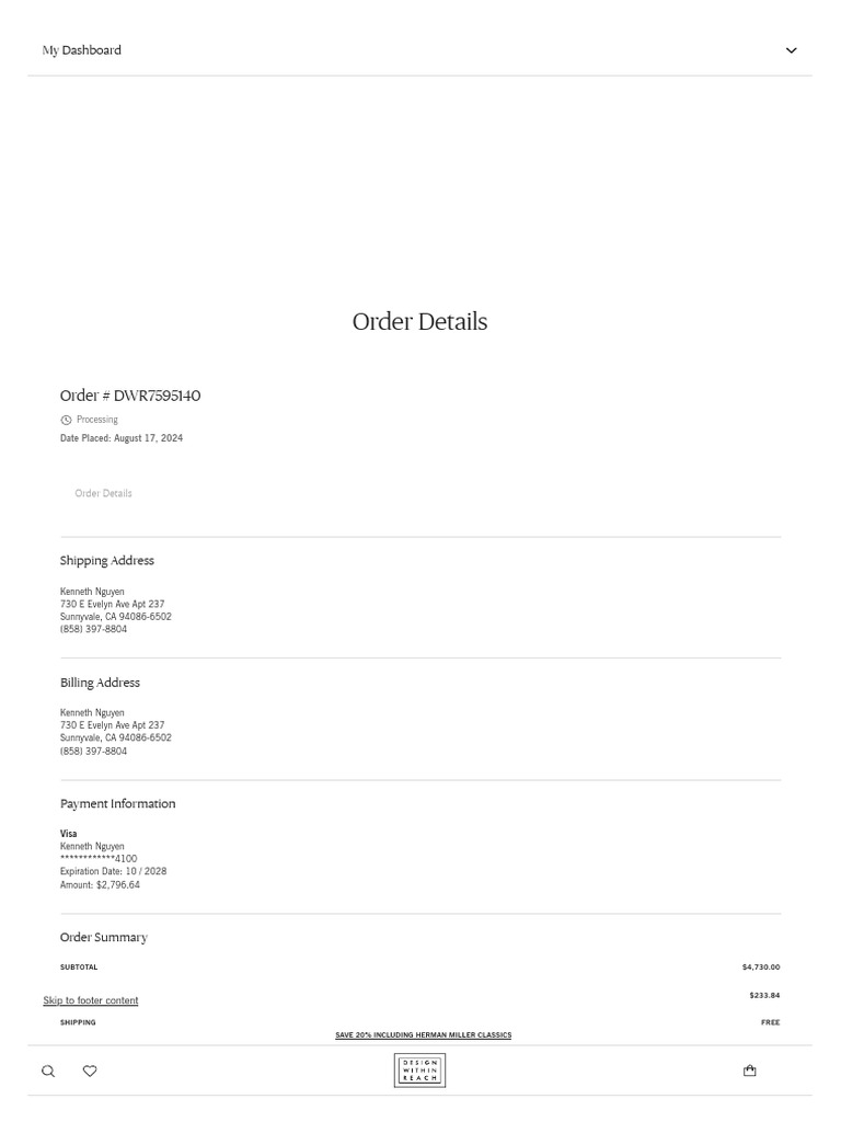 Kenneth's DWR Order Summary | PDF | Furniture
