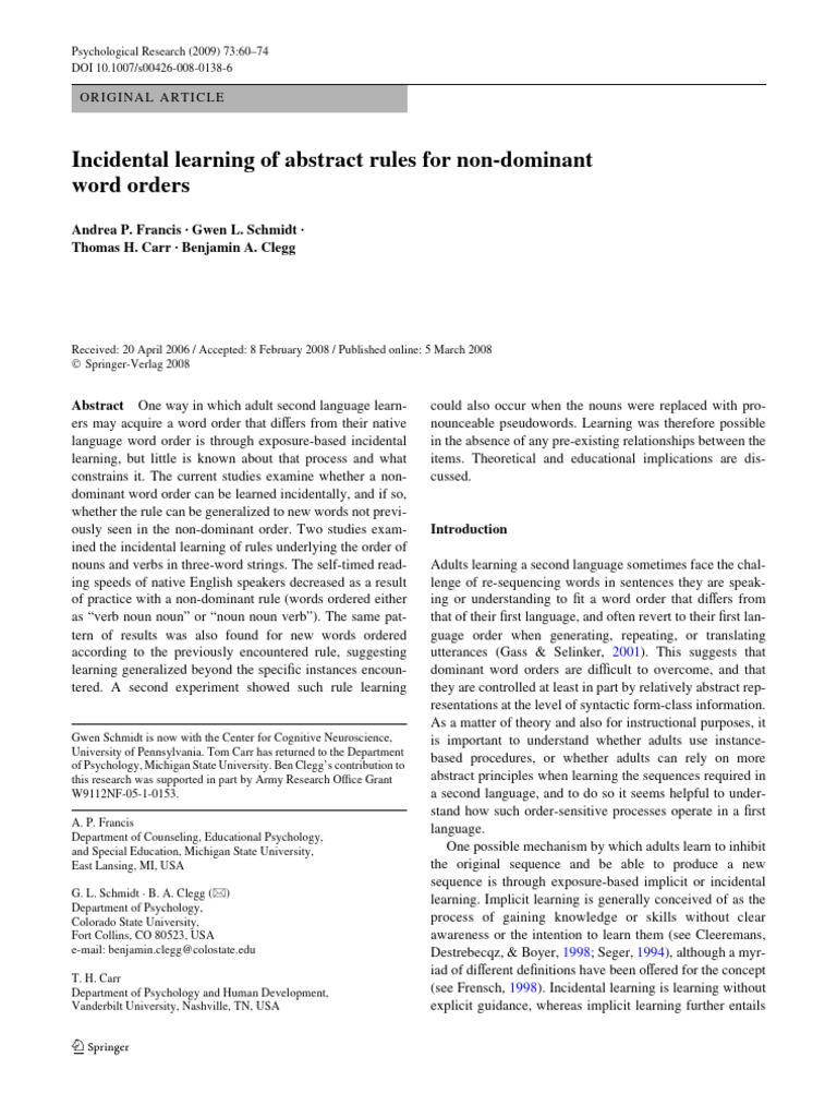 Incidental Vocabulary Learning of Word Order | PDF | Analysis Of ...