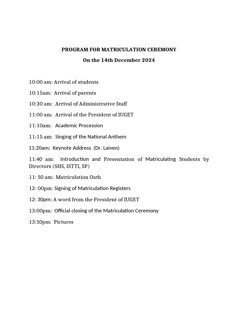 Program For Matriculation Ceremony | PDF