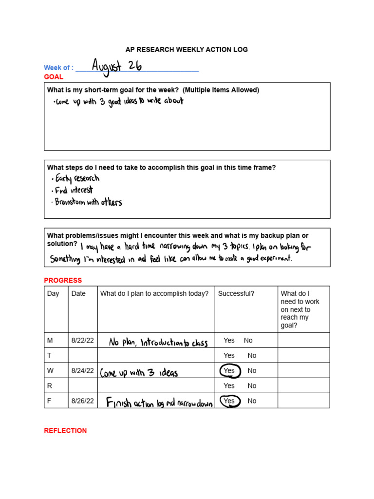 Weekly Goal and Progress Log | PDF