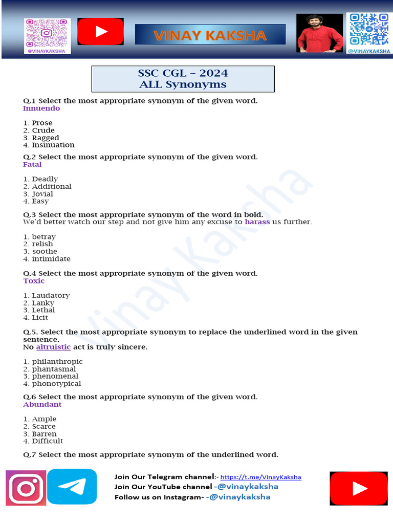 SSC CGL 2024 (All Synonyms) Vinay Kaksha | PDF | Telegraphy