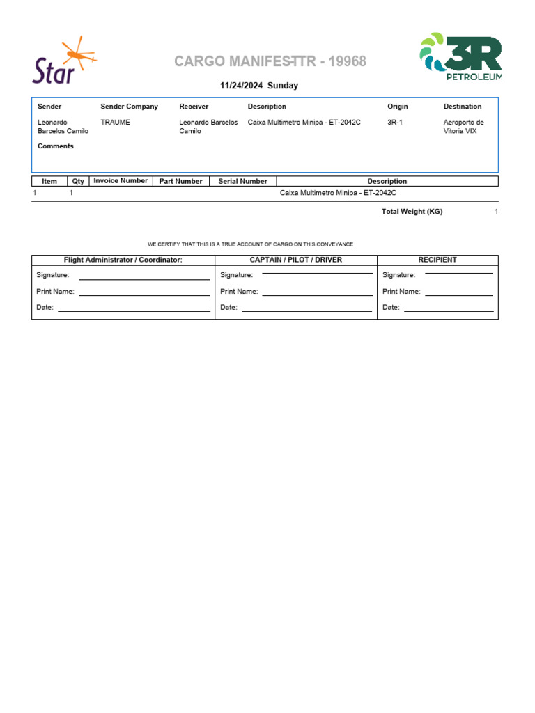 D - CARGO MANIFEST - TR 19968 | PDF