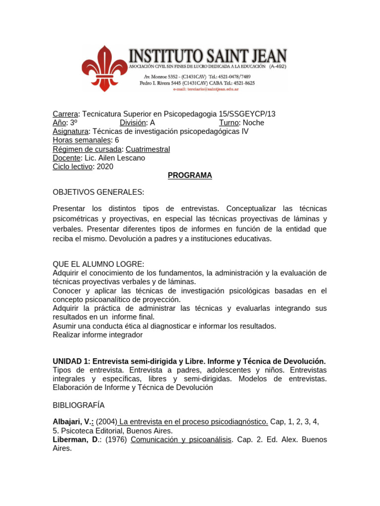 Programa TEC IV 2020 | PDF | Conceptos psicologicos | Cognición