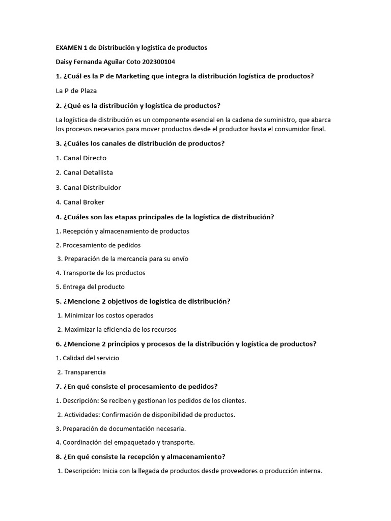 EXAMEN 1 de Distribución y Logística de Productos | PDF
