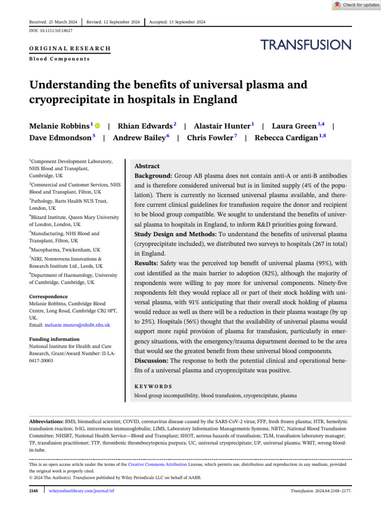 Transfusion - 2024 - Robbins - Understanding The Benefits of Universal ...